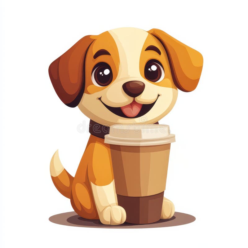 Cute Cartoon Dog with Coffee Cup, Looking Happy Stock Illustration ...