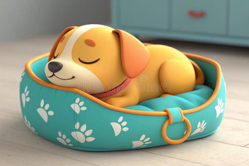 Cute Cartoon Dog Sleeping in a Teal and Orange Dog Bed - Generated by ...