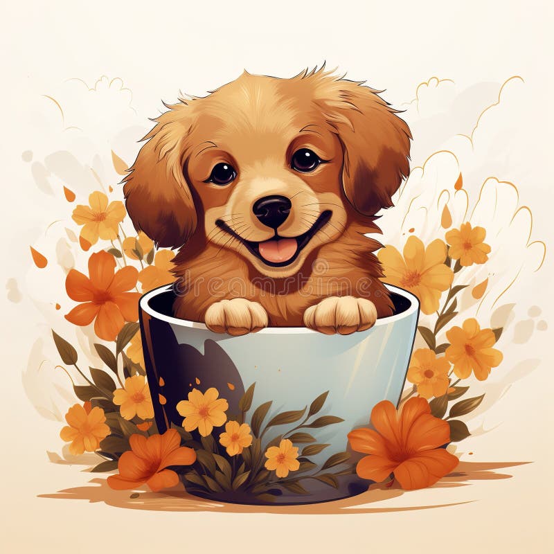 Cute Cartoon Dog in a Tea Cup Surrounded by Flowers Stock Illustration ...