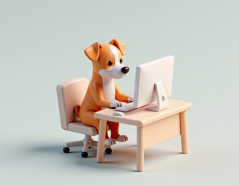 Cute Cartoon Dog Working on Computer - 3D Render Stock Illustration - Illustration of character ...