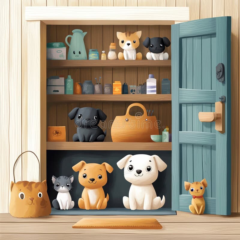 Cute Cartoon Dogs in a Cozy Shelf Setting Stock Illustration ...