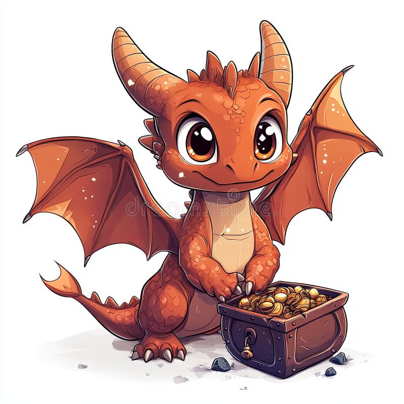 Cute Cartoon Dragon with Big Eyes Joyfully Playing with Treasure Stock ...