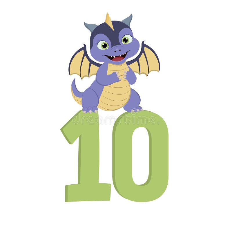 Cute Cartoon Dragon with Number 10 for Birthday. Stock Vector ...