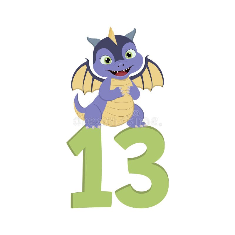 Cute Cartoon Dragon with Number 13 for Birthday. Stock Vector ...