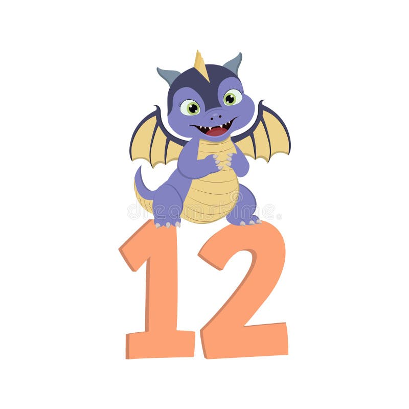 Cute Cartoon Dragon with Number 12 for Birthday. Stock Vector ...