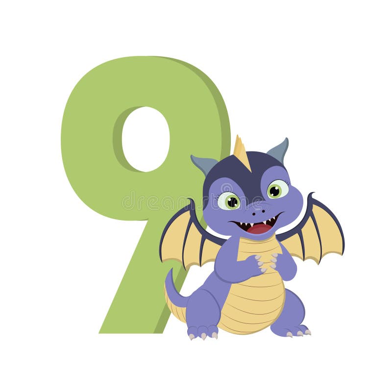 Cute Cartoon Dragon with Number 9 for Birthday. Stock Vector ...