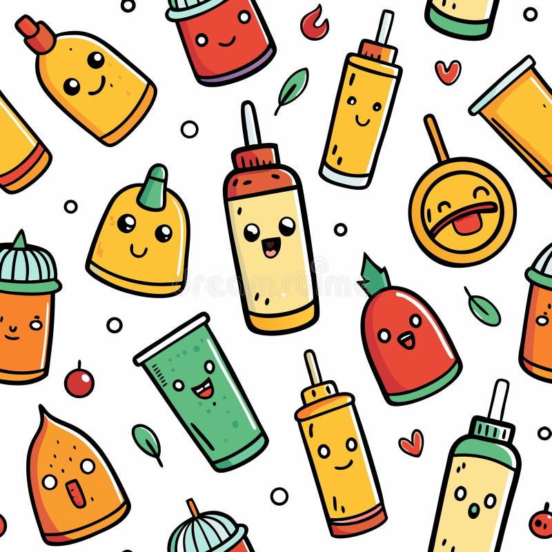 Cute Cartoon Drinks and Condiments Pattern Stock Illustration ...