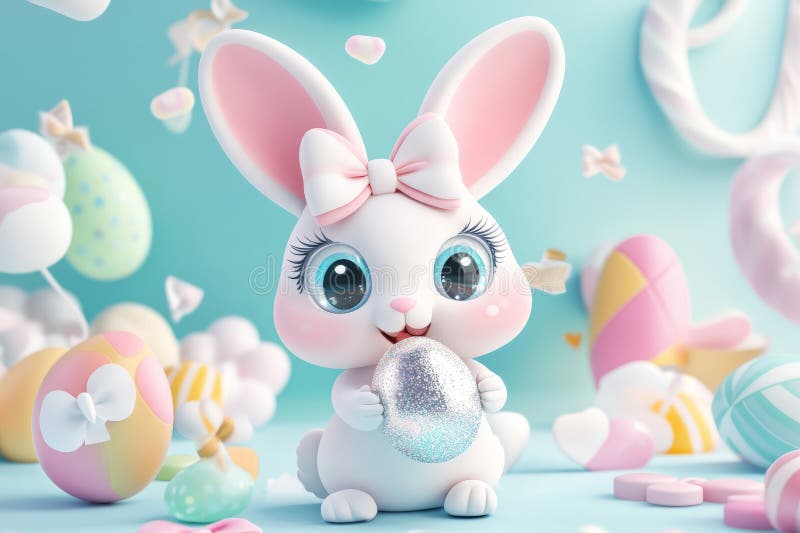 A Cute Cartoon Easter Bunny with Big, Sparkling Eyes and an Oversized ...