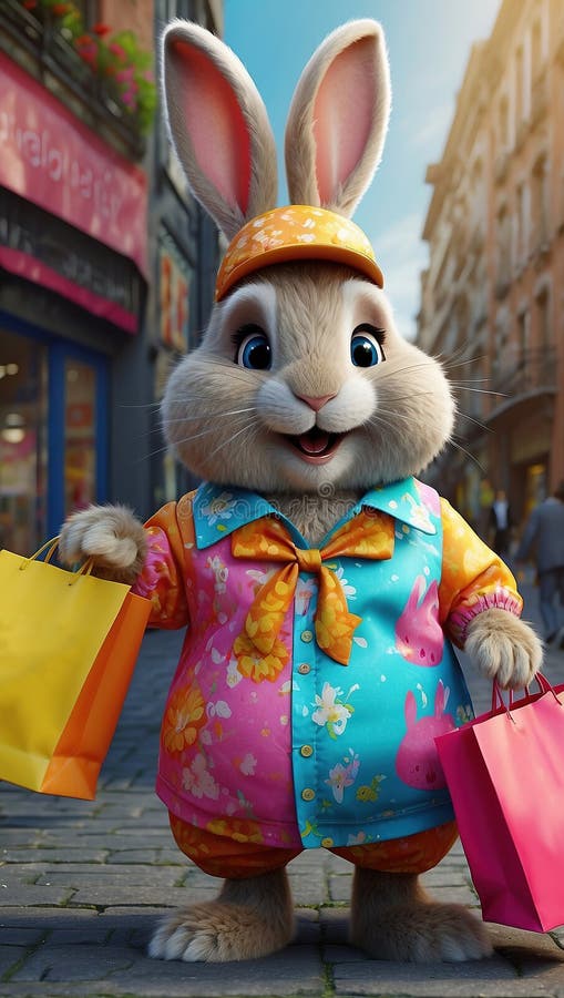 Cute Cartoon Easter Bunny with Packages for Festive Purchases Stock ...