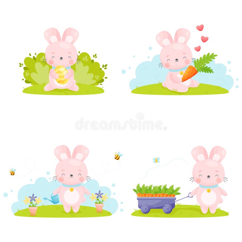 Cute Cartoon Easter Bunny Set. Vector Stock Vector - Illustration of ...