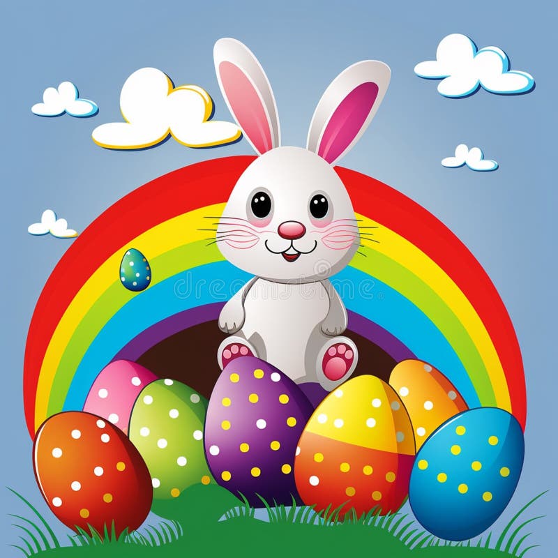 Cute Cartoon Easter Bunny Sitting between Colourful Dotted Easter Eggs ...