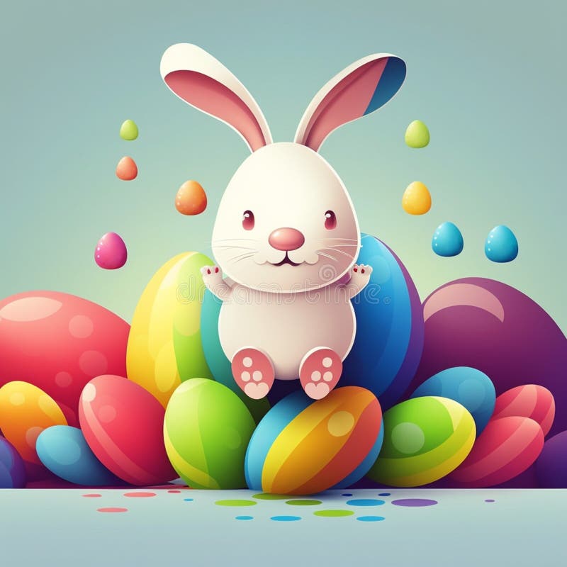 Cute Cartoon Easter Bunny Sitting between Rainbow Color Easter Eggs ...