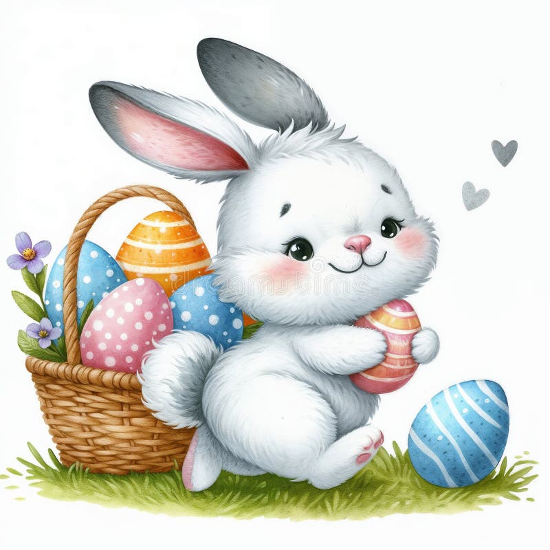 Cute Cartoon Easter Bunny on White Background. AI Stock Illustration ...