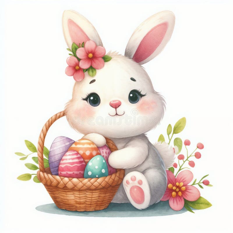 Cute Cartoon Easter Bunny on White Background. AI Stock Illustration ...