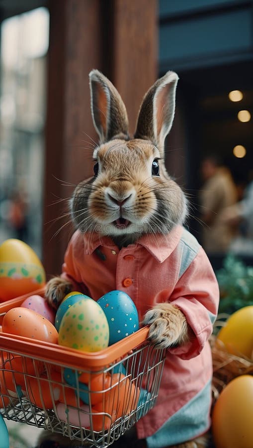 Cute Cartoon Easter Rabbit with Market Basket. Stock Illustration ...