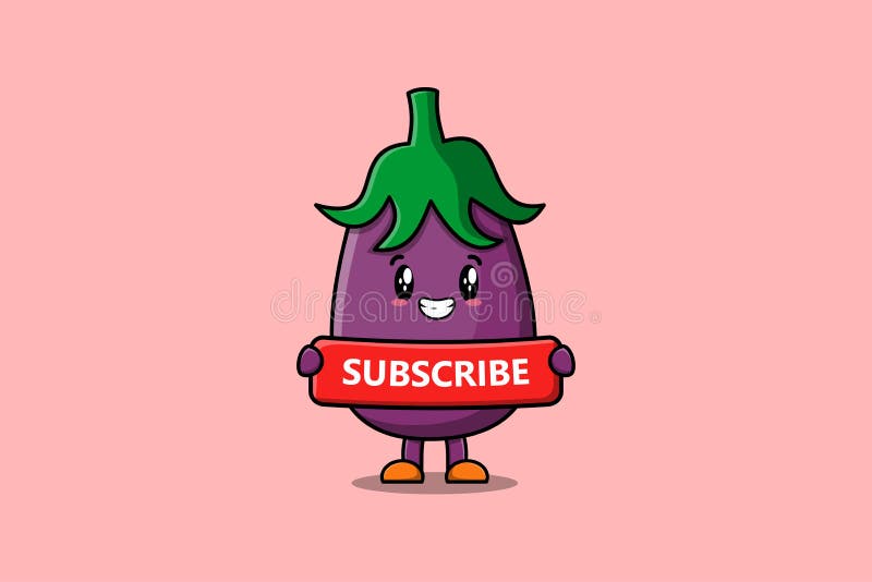 Cute Cartoon Eggplant Holding Red Subscribe Board Stock Vector ...