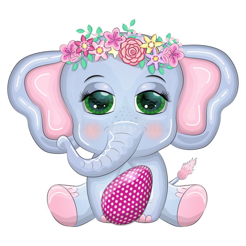 Cute Cartoon Elephant, Childish Character with Beautiful Eyes Holding ...