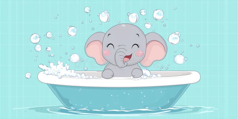 Cute Cartoon Elephant Enjoying Bath Time with Bubbles and Splashes in ...