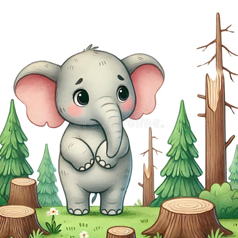 A Cute Cartoon Elephant in a Forest Setting with Stumps. Eco-Friendly ...