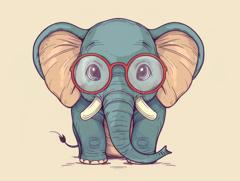 A Cute Cartoon Elephant Wearing Round Red Glasses Stock Illustration ...