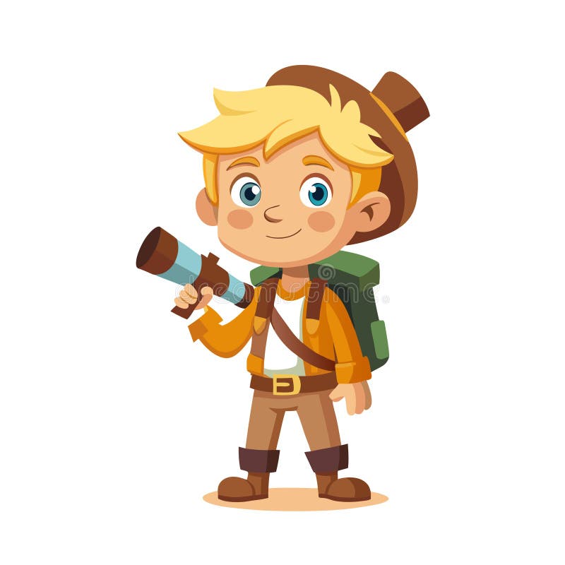 Cartoon Explorer Boy with Binoculars and Backpack Ready for Adventure ...