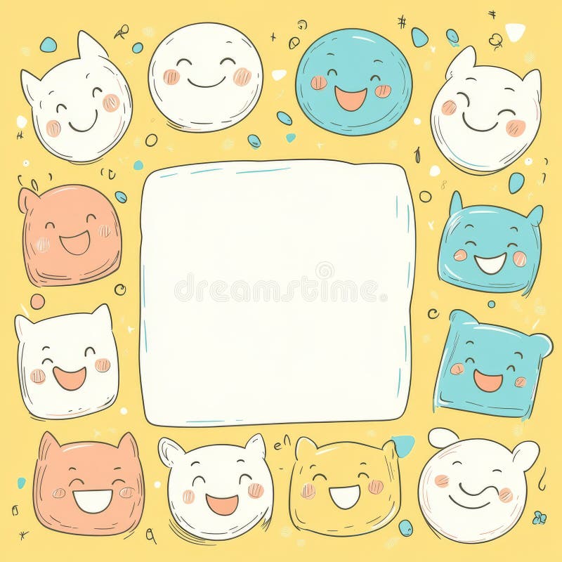 Cute Cartoon Faces Border with Blank Center Frame. Stock Photo - Image ...