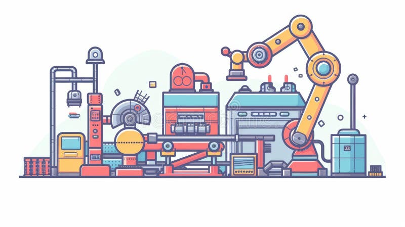A Cute Cartoon of a Factory with Advanced Robotics and AI Technology ...