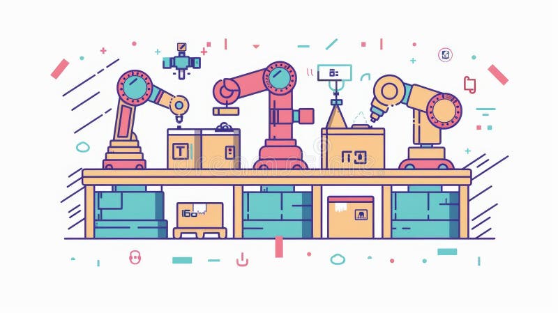 A Cute Cartoon of a Factory with Robots Handling Logistics Safely Stock ...