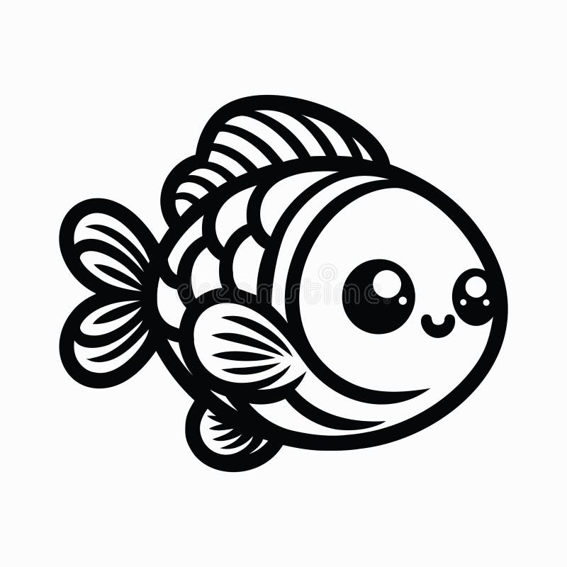 Cute Cartoon Fish with Big Eyes, in Black and White. Stock Vector ...