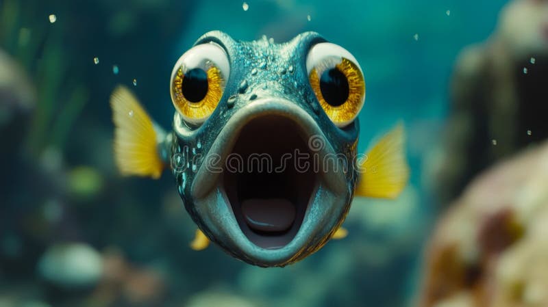 A Cute Cartoon Fish with Big Eyes Opens Its Mouth Wide Stock ...