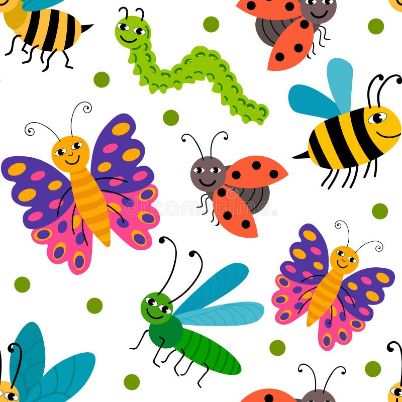 Cute Cartoon Smiling Summer Insects Random Seamless Pattern Stock ...