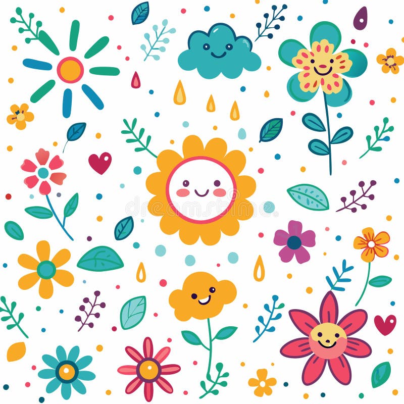 Cute Cartoon Floral Pattern with Happy Sun and Cloud Stock Vector ...