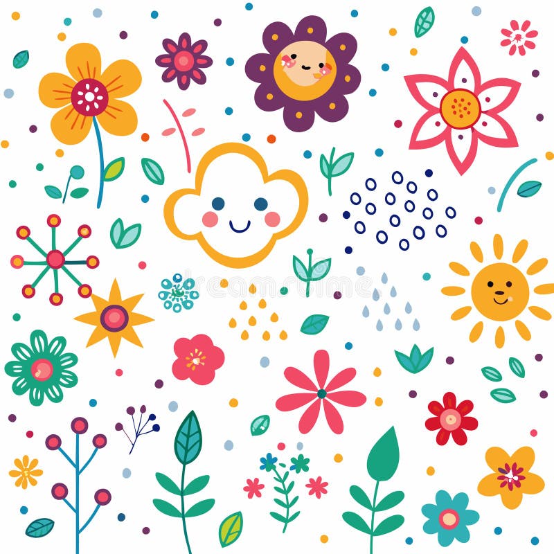 Cute Cartoon Flowers, Sun, Cloud, and Rain Illustration Stock Vector ...