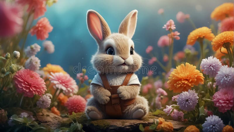 Cute Cartoon Fluffy Bunny with Flowers Character Stock Illustration ...