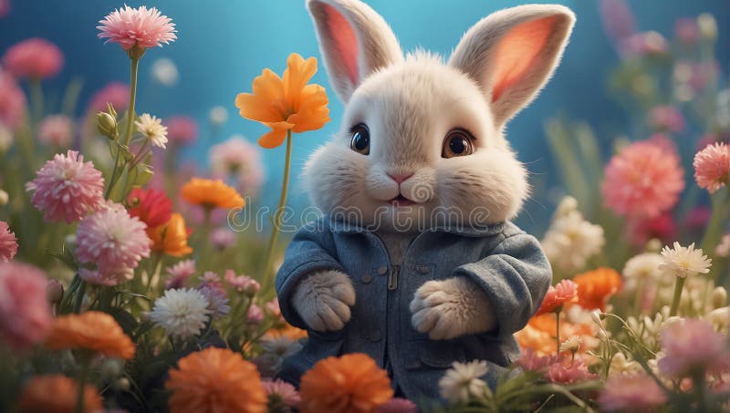 Cute Cartoon Fluffy Bunny with Flowers Character Creative Stock ...