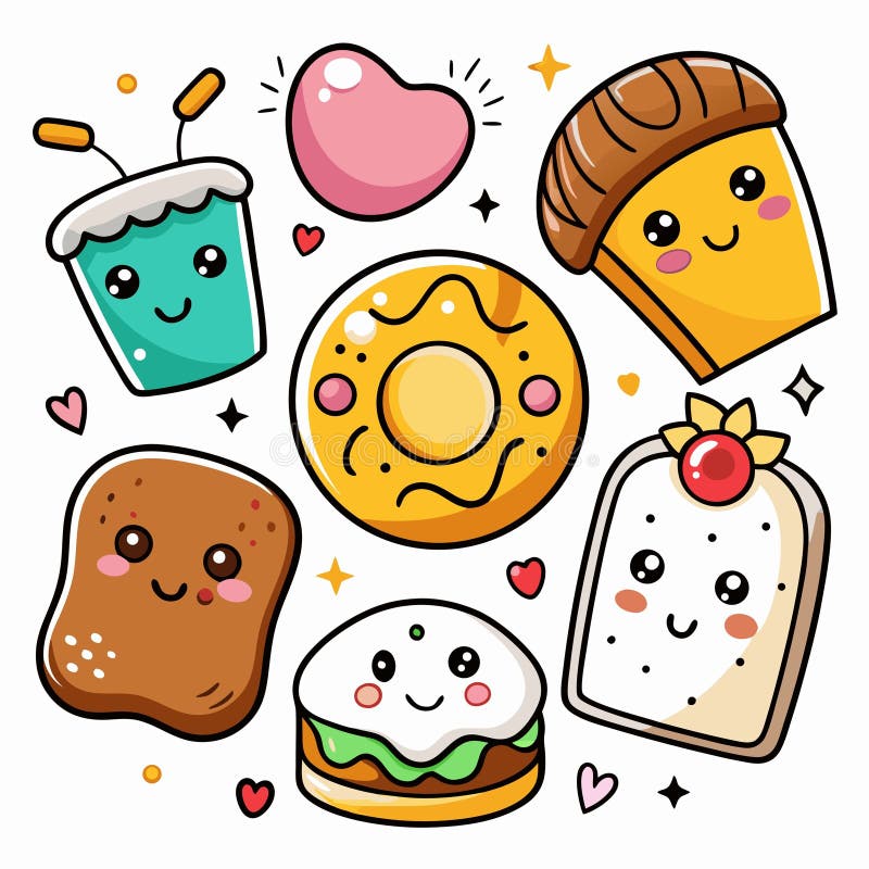 Cute Cartoon Food Collection Stock Illustration - Illustration of heart ...