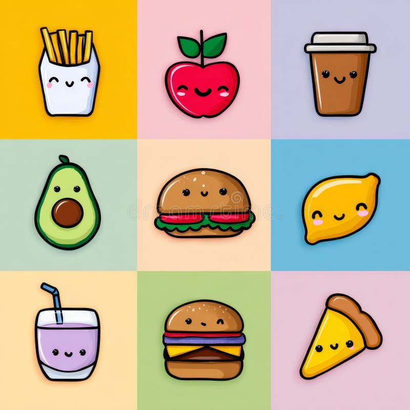 Cute Cartoon Food Grid with Smiling Fast Food and Drinks Stock Photo ...