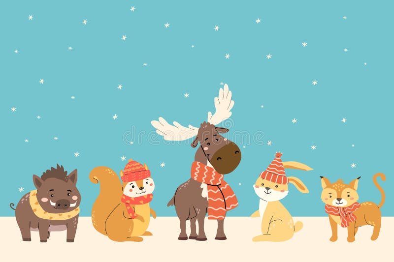 Cute Cartoon Forest Animals in Winter Attire with Snow Falling Stock ...