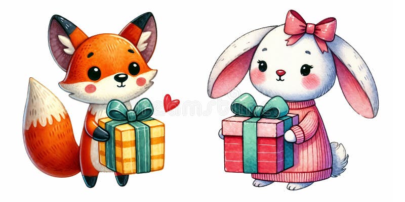 Cute Cartoon Fox and Bunny with Gifts Stock Illustration - Illustration ...