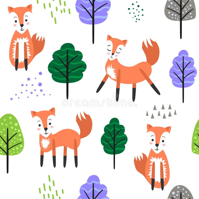 Cute Cartoon Fox in Different Poses. Forest and Trees. Seamless Pattern ...