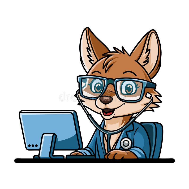 Cute Cartoon Fox Doctor with Glasses and Computer Vector Illustration ...