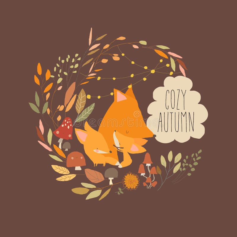 Cute Cartoon Fox Hugging Her Cub in Autumn Leaves Stock Illustration ...