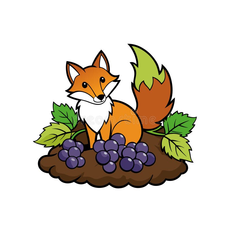 Cute Cartoon Fox Illustration with Grapes and Leaves Stock Illustration ...