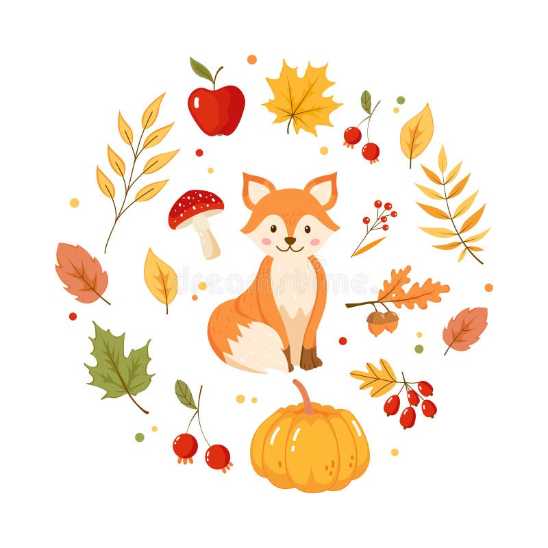 Cute Cartoon Fox and Other Autumn Elements Vector Illustration Stock ...
