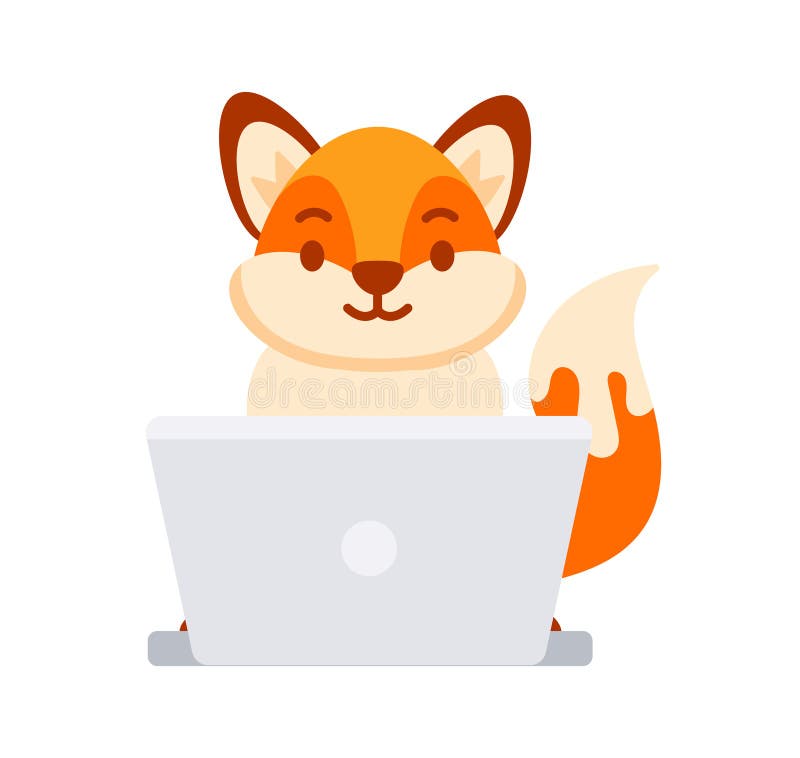 Cute Cartoon Fox Sitting at Laptop Computer Working or Studying Stock ...