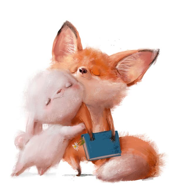 Cute Cartoon Fox with White Hare Hugging Stock Illustration ...