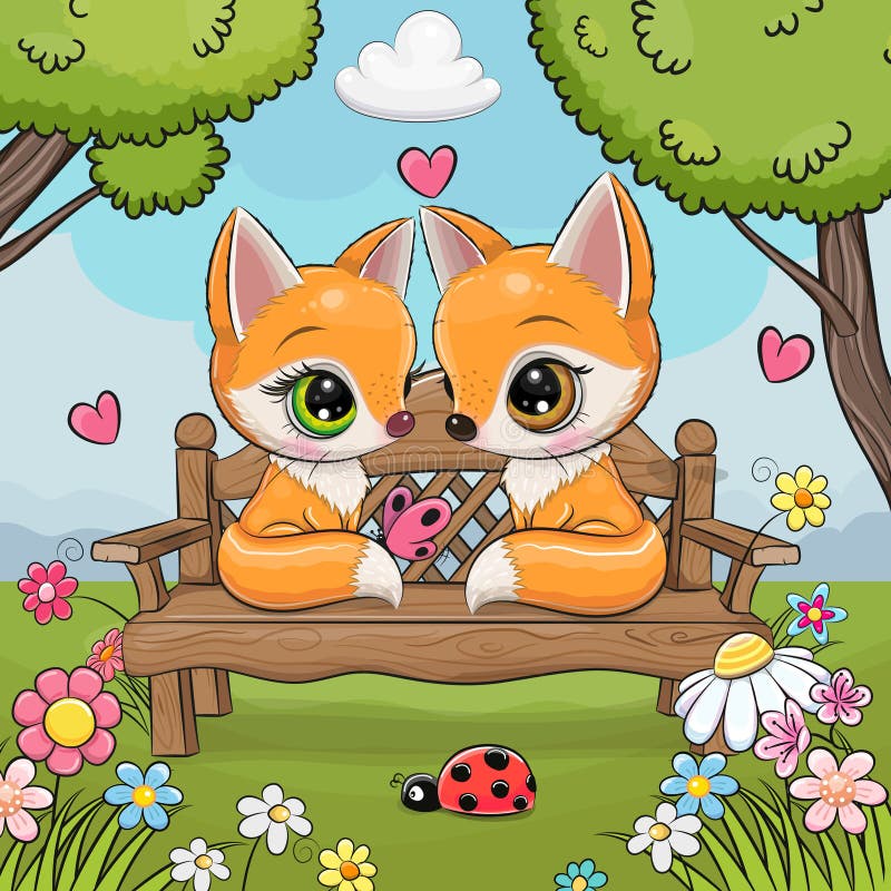 Cute Cartoon Foxes Sitting on the Bench Stock Vector - Illustration of ...