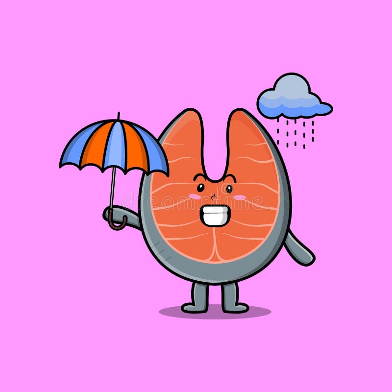 Cute Cartoon Fresh Salmon in Rain Using Umbrella Stock Vector ...