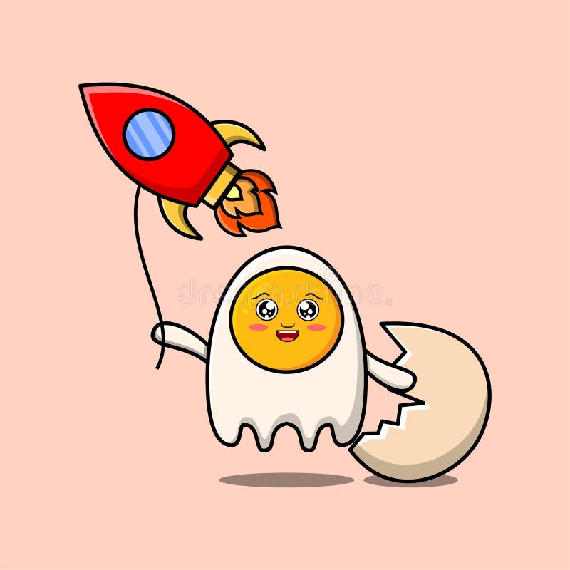 Cute Cartoon Fried Eggs Float with Rocket Balloon Stock Vector ...