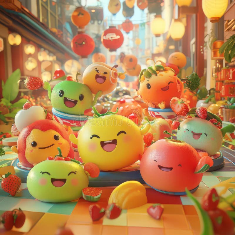 Cute Cartoon Fruit Characters in a Fun Setting Stock Illustration ...